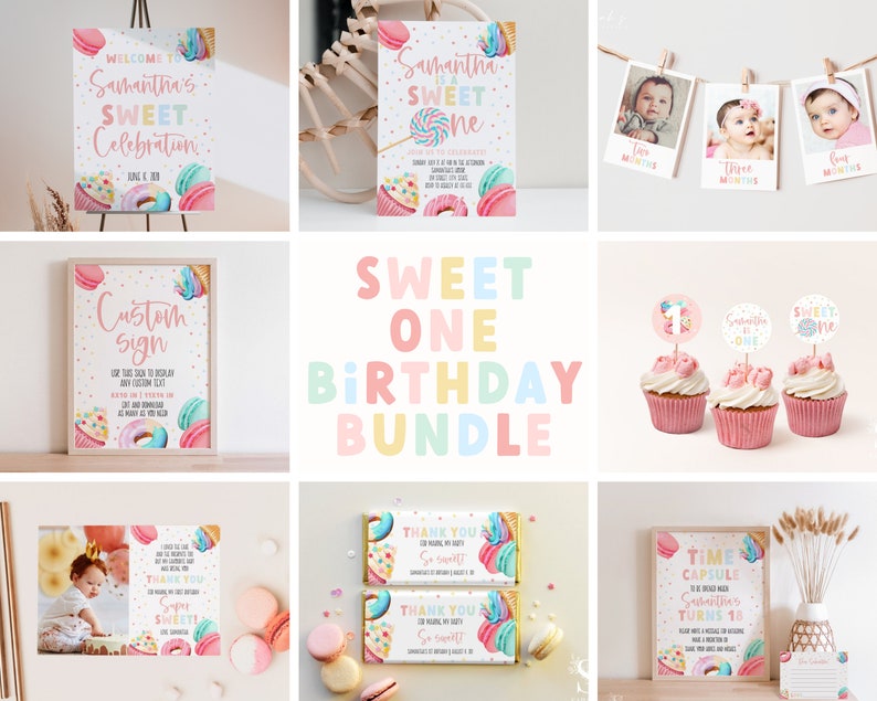Sweet One Birthday Bundle, Pastel Sweets Birthday Invite Set,, Donut ...