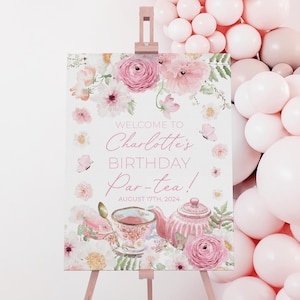 Tea Party Birthday Welcome Sign, Par-tea Birthday Girl Sign, Girl Pink ...
