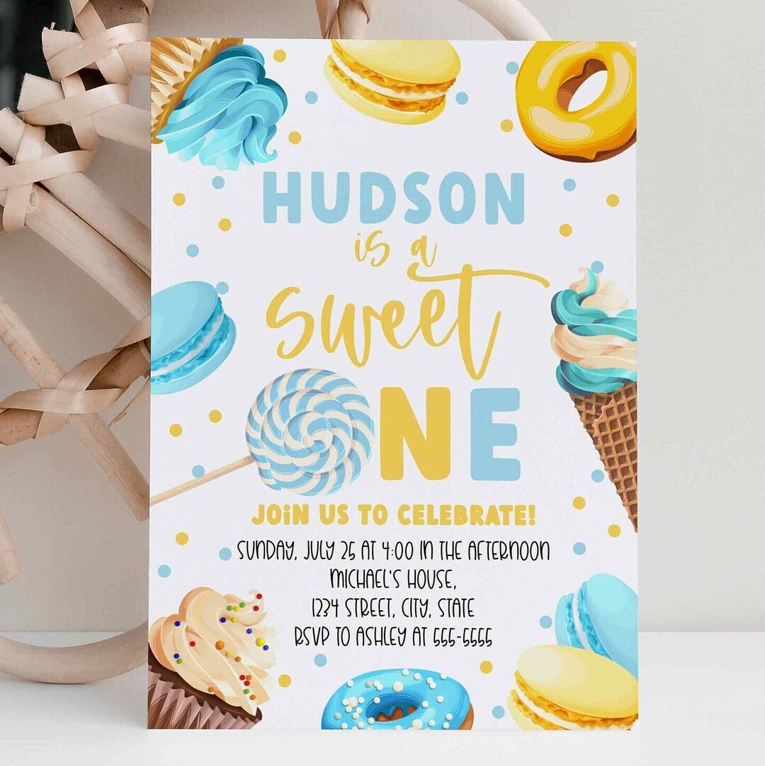 Sweet One Invitation, Blue Sweets Birthday Invitation, Donuts & Ice ...