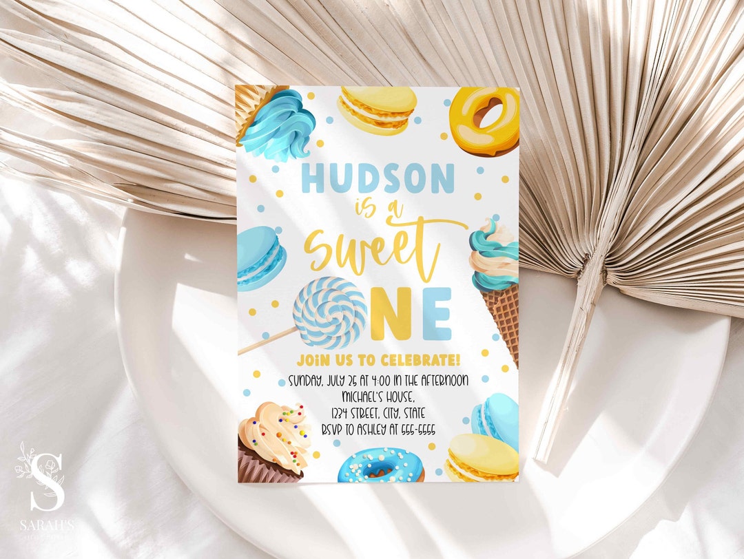 Sweet One Invitation, Blue Sweets Birthday Invitation, Donuts & Ice ...