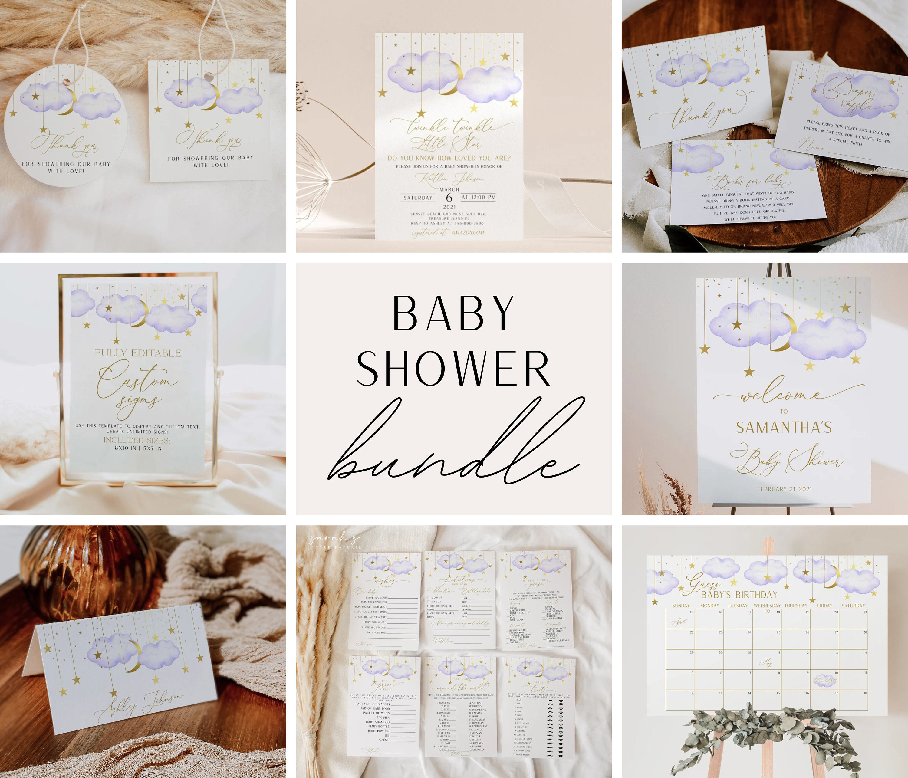 Lavender and Gold Baby Shower Bundle, Twinkle Twinkle Little Star ...