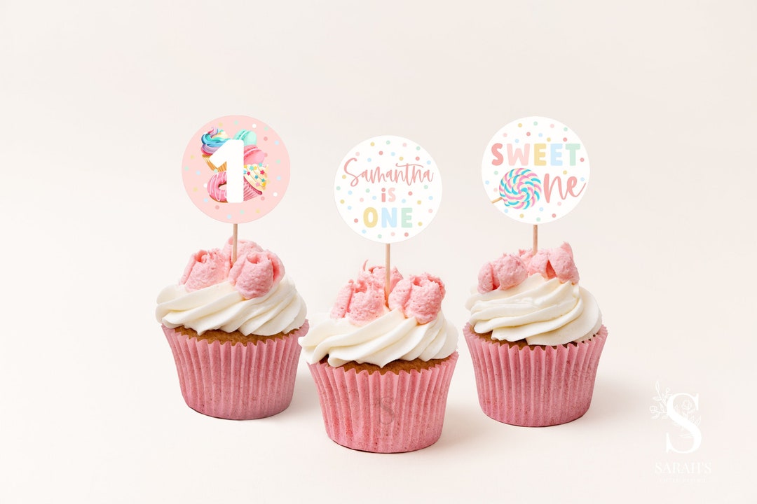 Sweet One Cupcake Toppers, Sweets Cupcake Decorations, Pastel Birthday ...