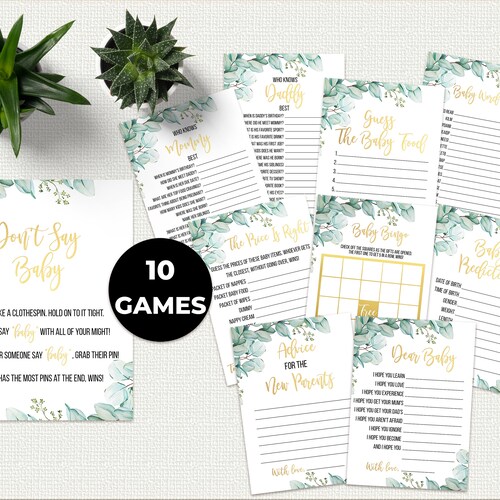 Greenery Baby Shower Games Bundle Green Gold Gender Neutral - Etsy