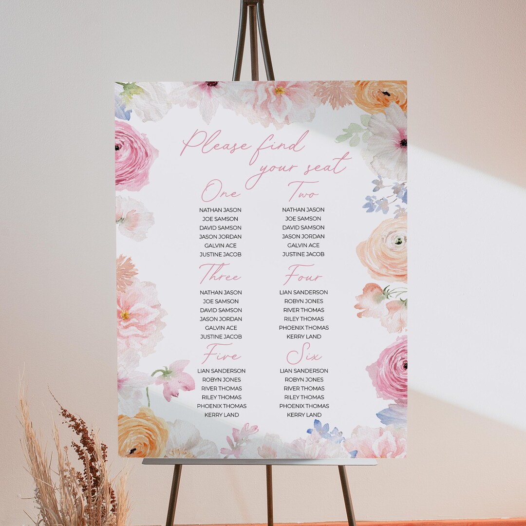 Floral Bridal Seating Chart: Romantic Wedding Sign (digital Download ...