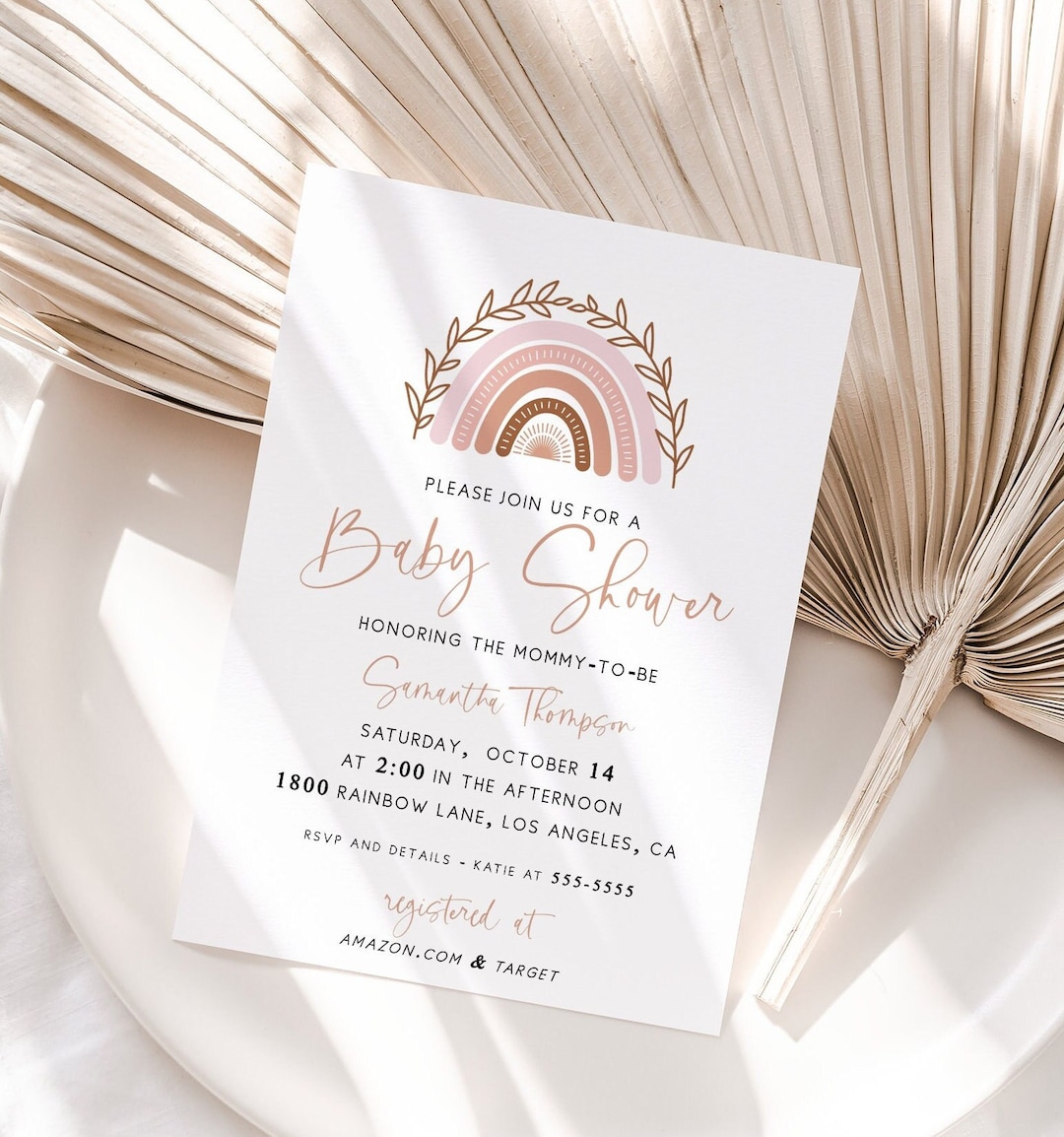 Boho Rainbow Baby Shower Invite, Dusty Pink Boho Rainbow Invitation ...