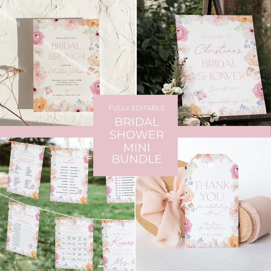 Floral Bridal Shower Bundle, Romantic Bridal Shower Package, Blush Pink ...