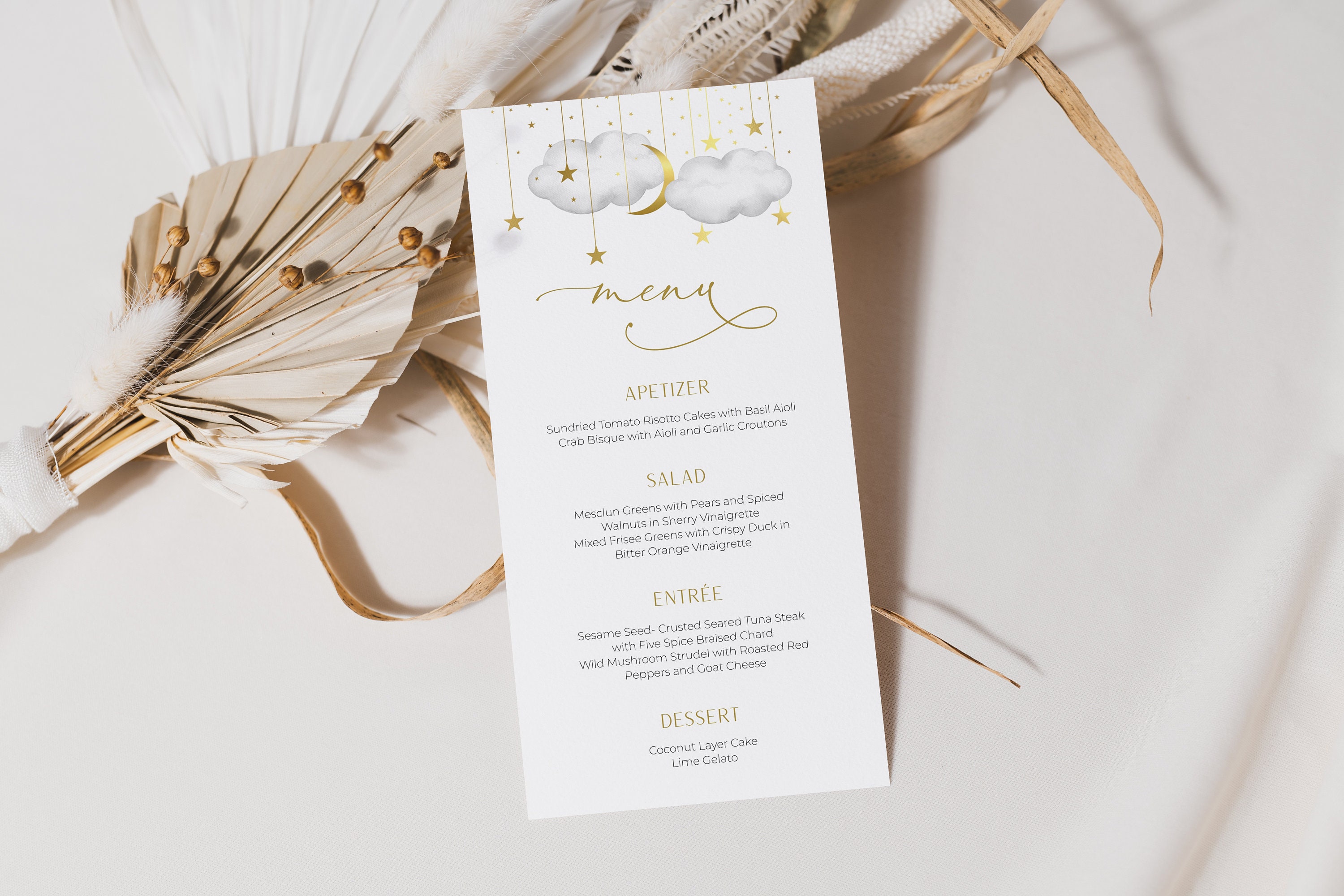 Gray and Gold Menu, 4x9", Gender Neutral Menu, Editable Menu, Gold Moon ...