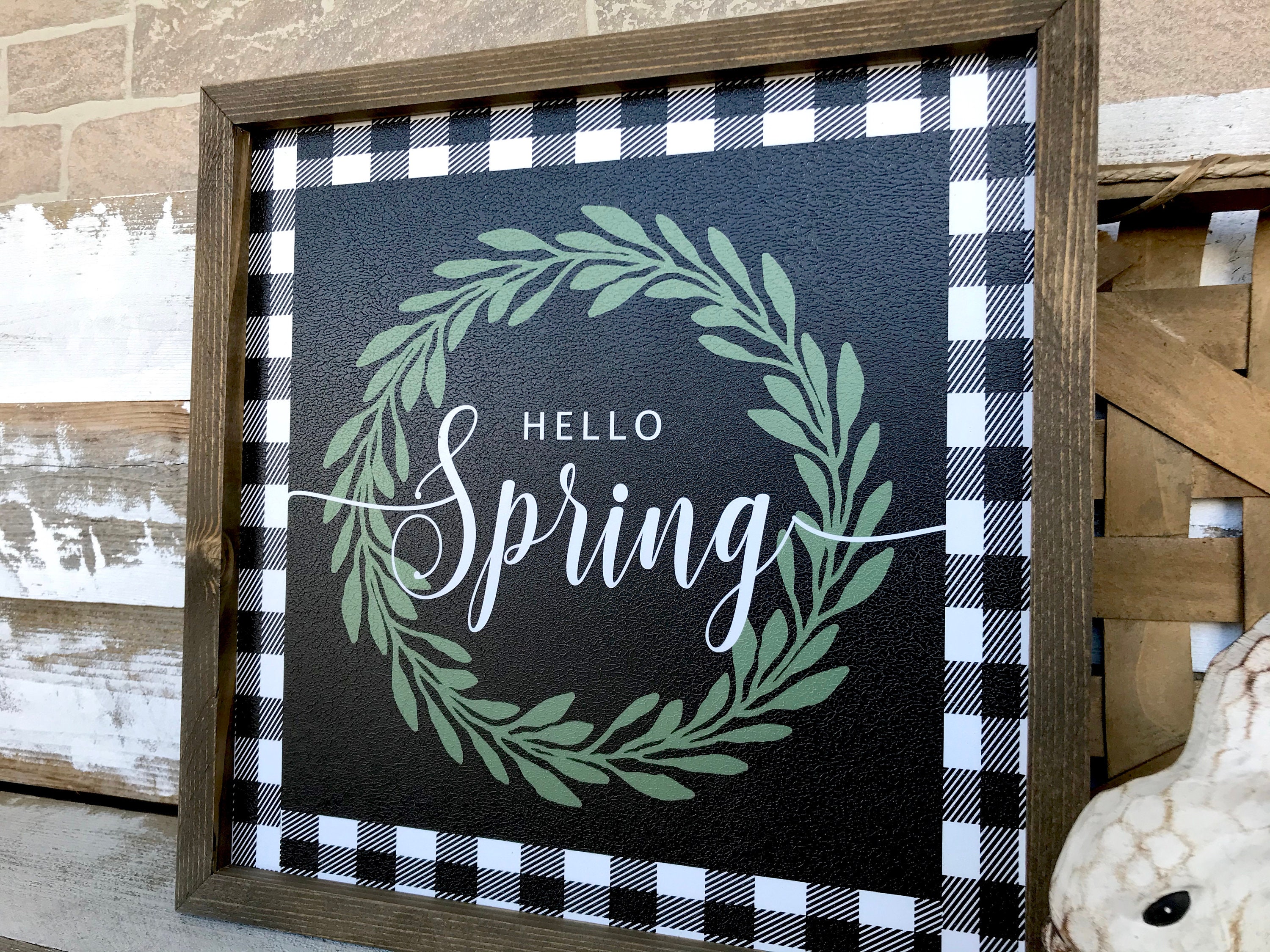 Hello Spring in Wreath Buffalo Plaid Farmhouse Spring Easter Sign - Etsy
