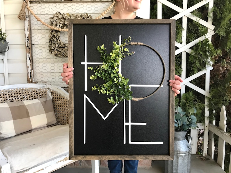 Modern HOME Letters With Wreath Framed Wood Farmhouse Sign - Etsy