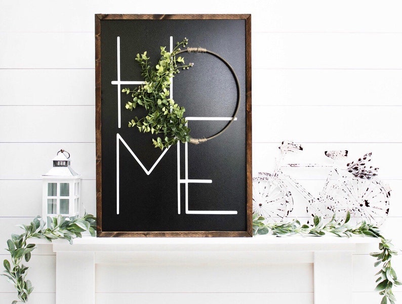 Modern HOME Letters With Wreath Framed Wood Farmhouse Sign - Etsy