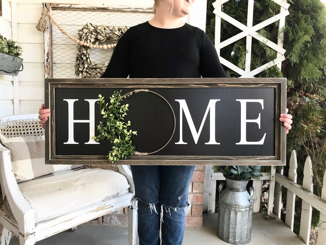 HOME With Greenery Wreath Wood Framed Farmhouse Sign - Etsy