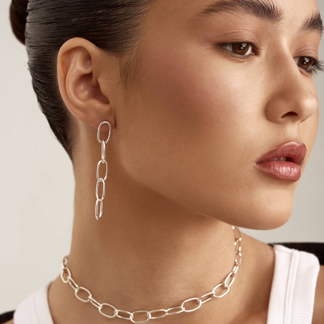 Sterling Silver Drop Chunky Chain Earrings, Silver Massive Large Curb ...