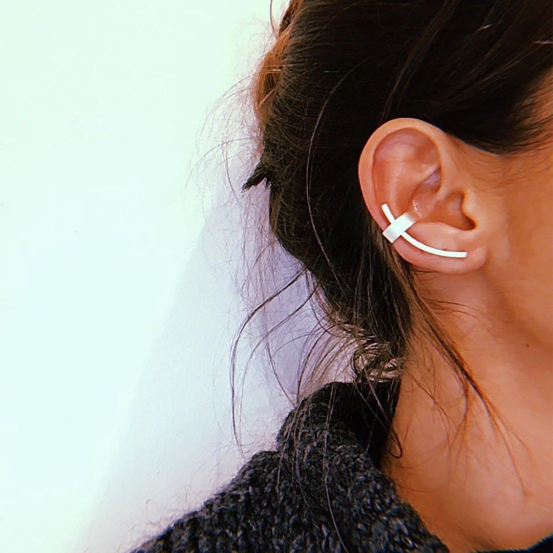 Stylish Earrings Silver Cuff, Unique Ear Climber, Cross Earring Cuff ...