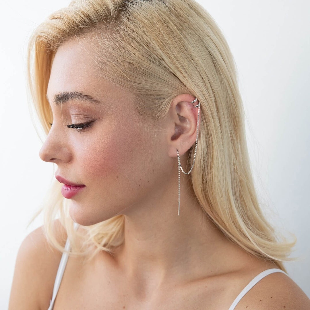 Chain Ear Cuff, Sterling Silver Ear Cuff, Threader Earrings, Long ...