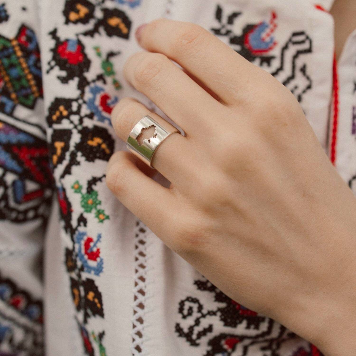 Map of Ukraine Ring, Tube Long Ring, Wide Band Hammered Statement Ring ...