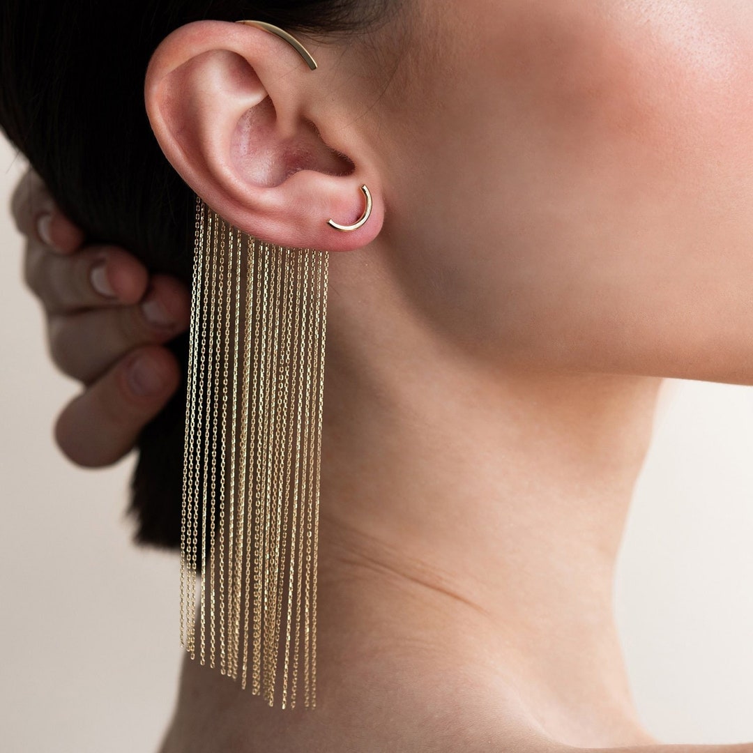 Sterling Silver, Cuff Earrings, Chain Ear Wrap Earring, Long Dangle ...