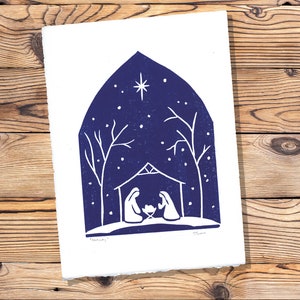 Nativity Linoprint Decor Linocut Original Lino Print Navy Blue Block ...