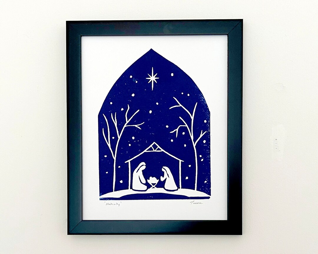 Nativity Linoprint Decor Linocut Original Lino Print Navy Blue Block ...