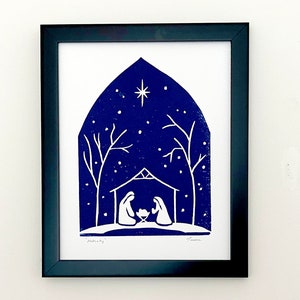 Nativity Linoprint Decor Linocut Original Lino Print Navy Blue Block ...