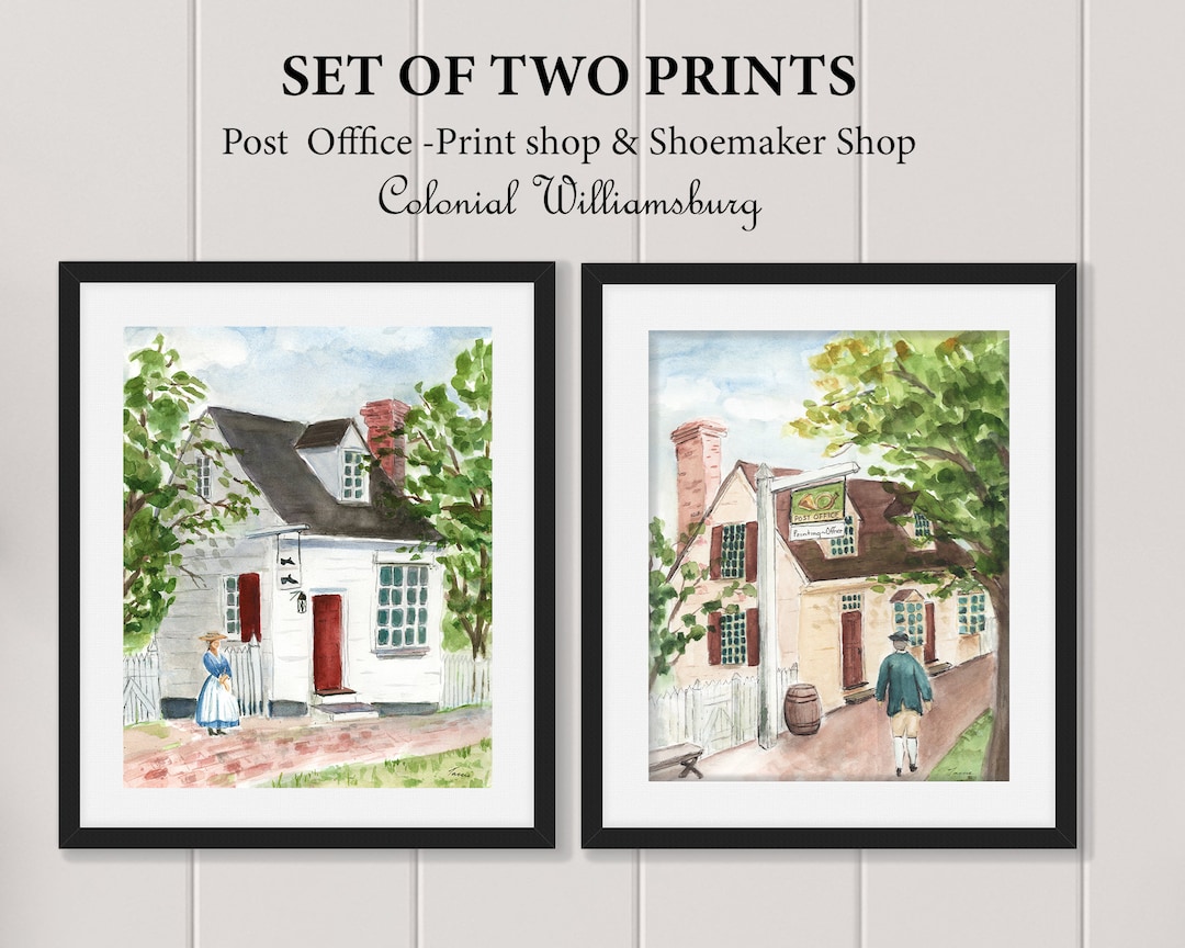 Set of Two Colonial Shops in Williamsburg, Shoemaker's Shop and Print ...