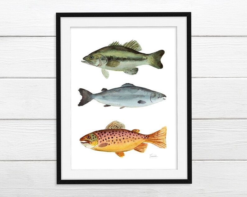 Large Print of Three Fish, Printable Fish Painting, Gift for Him, Fly ...