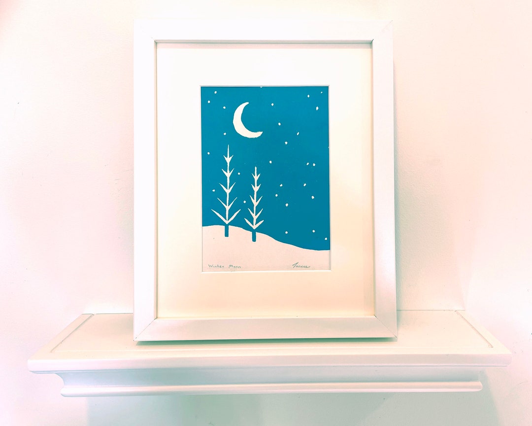 Winter Night With Moon Relief Print Original Lino Print Turquoise Blue ...