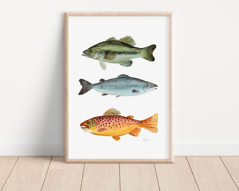 Large Print of Three Fish, Printable Fish Painting, Gift for Him, Fly ...