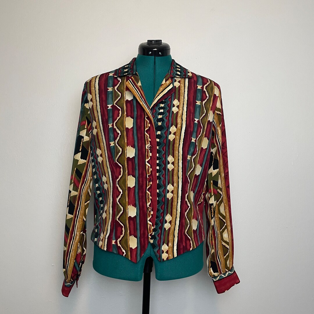 Burgundy Teal Earth Tone Chic Button Down Long Sleeve Graphic Print ...