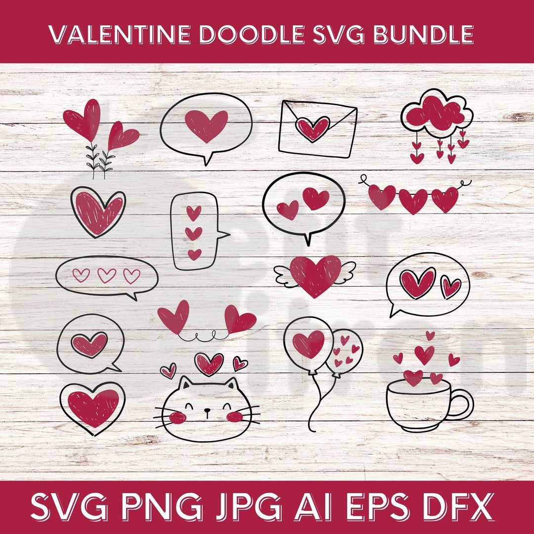 Valentines Doodle Heart SVG Bundle - SVG Love Heart Vector - Romantic ...