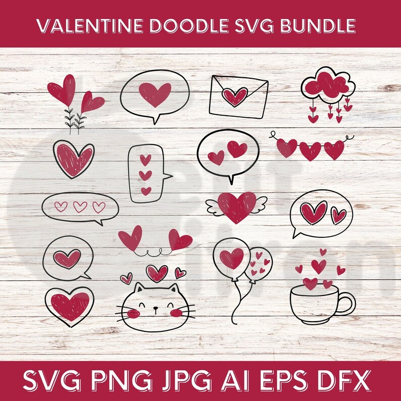 Valentines Doodle Heart SVG Bundle SVG Love Heart Vector Romantic Cute ...