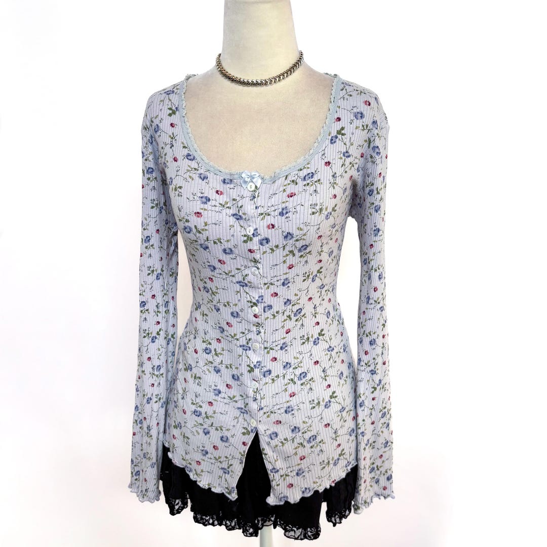 Vintage 1990’s Victoria’s Secret Country Pastel Blue Floral Ribbed ...