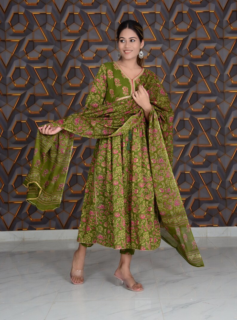 Lace Work Cotton Anarkali Style Flared Printed Kurti with Palazzo and ...