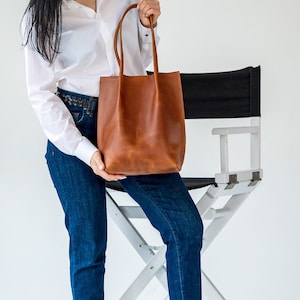 Cognac leather tote Tote leather bag Leather tote bag Small | Etsy