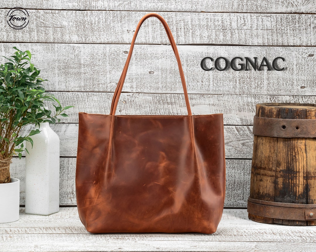 Cognac Leather Tote, Woman Leather Bag, Leather Tote Bag, Tote Leather ...