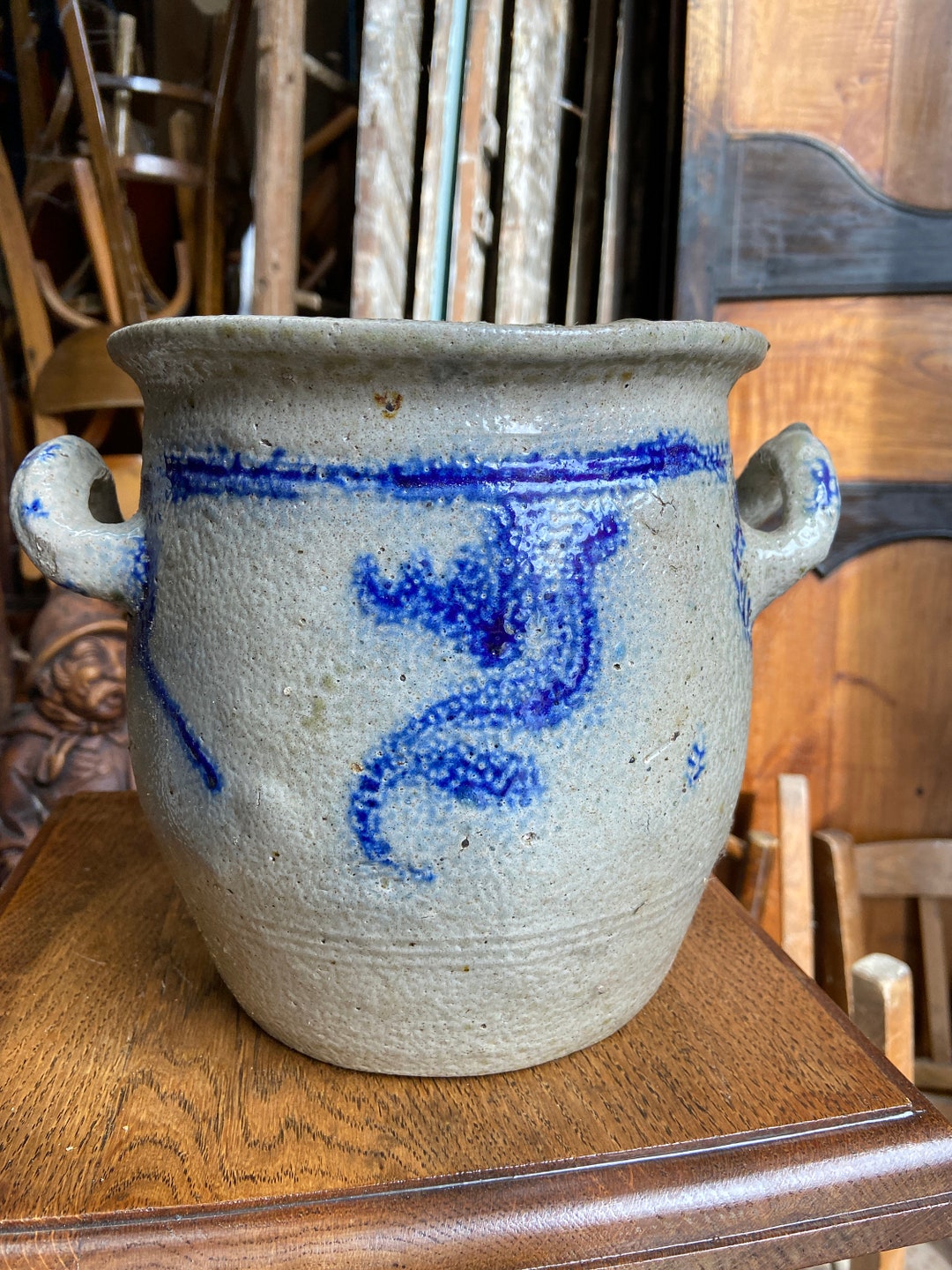 Ref 633 Antique French Betschdorf ALSACE Salt Blue Stoneware Confit Pot ...