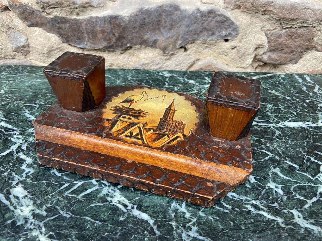 Vintage French Pyrography Wood Double Wooden Inkwell 1950 Strasbourg ...