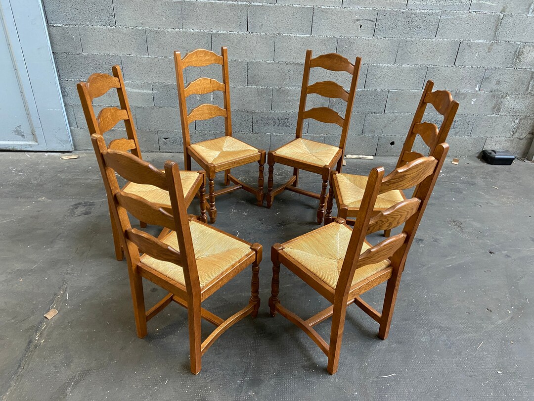 Set of 6 Rustic Bistro Chairs With Rattan Straw Seats, Suitable for ...
