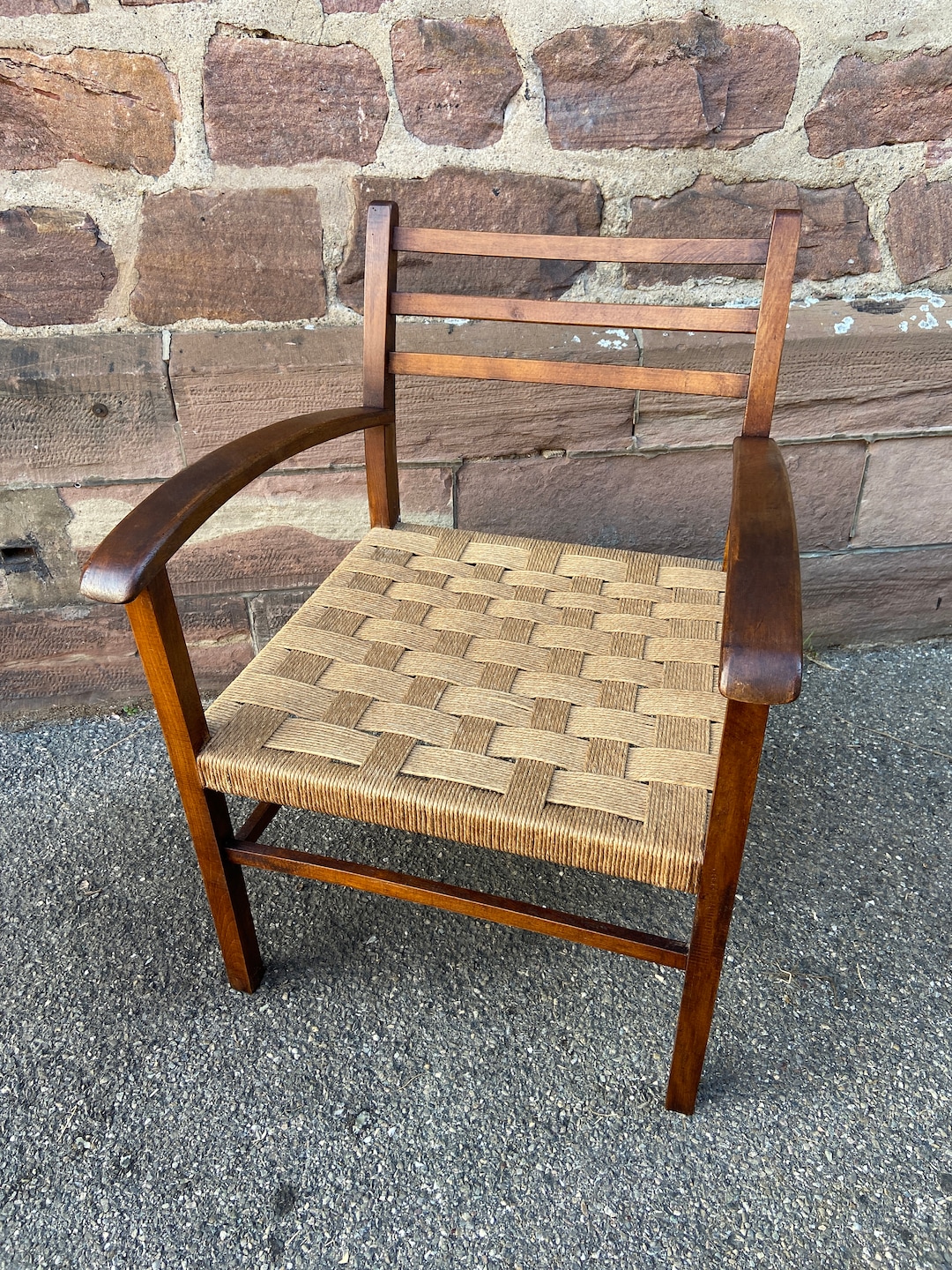 Bridge Armchair Design Audoux Minet in Beech and Woven Rope, 1960s ...