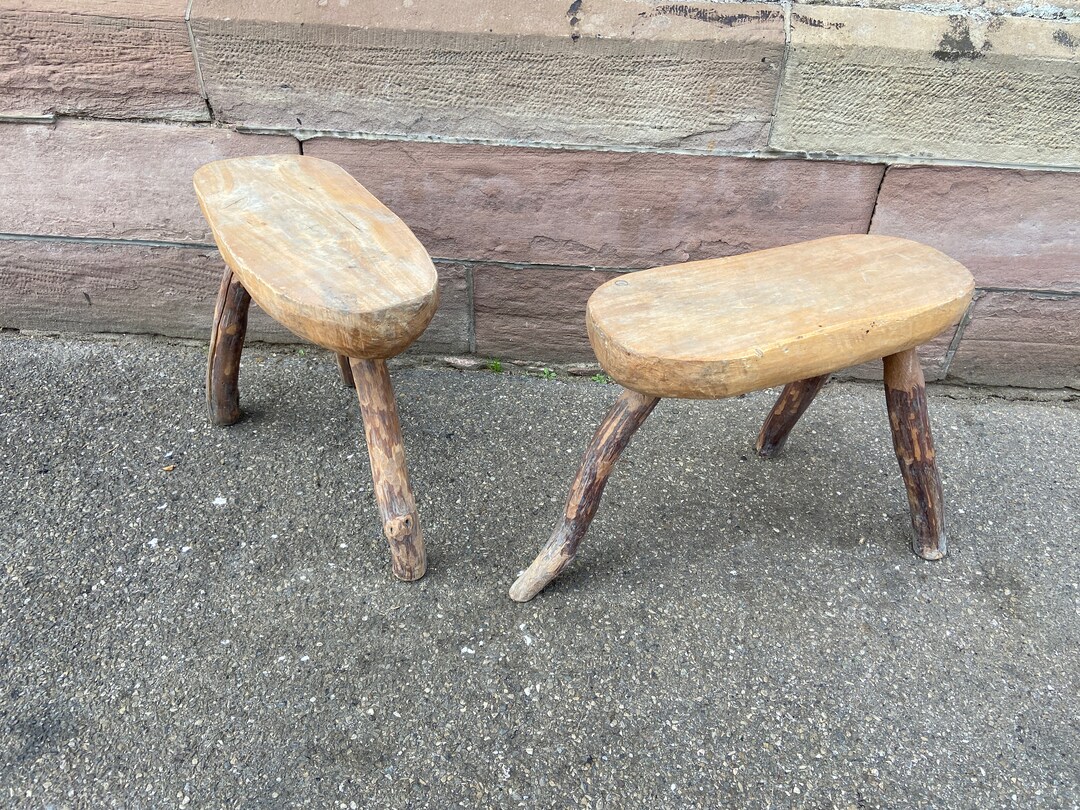 Pair of Rustic Tripod Farm Stools 1940 Brutalist Wooden Vintage French ...