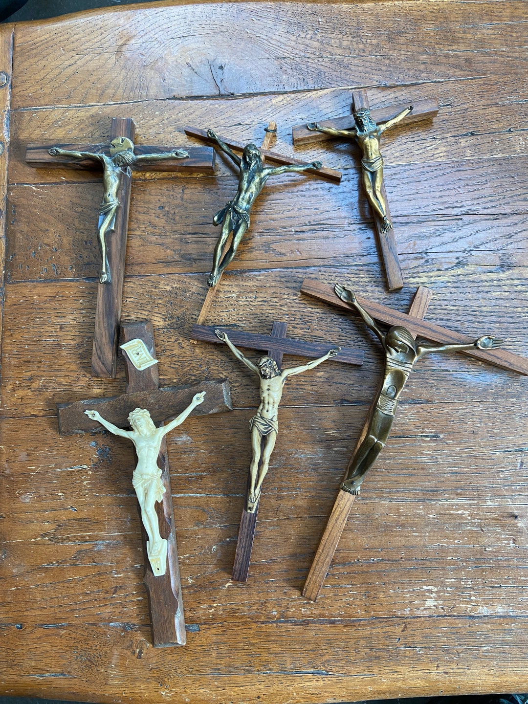 Set of 6 Small Old Crosses Crucifix Stoup Christ Old in Wood and French ...