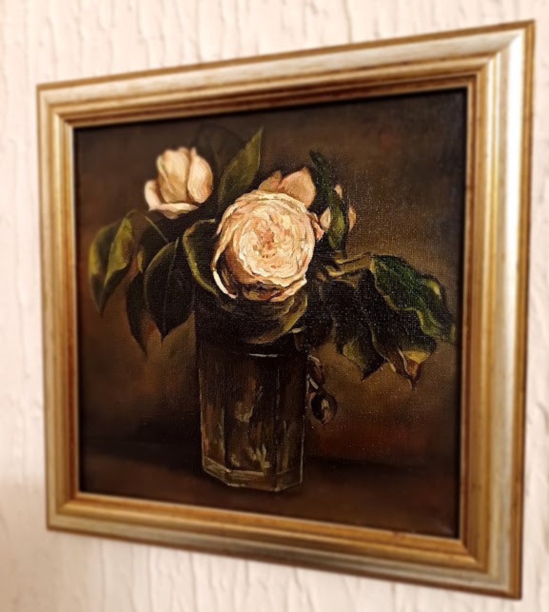 Flowers in Vase, Oil Painting on Canvas, White and Yellow Roses ...