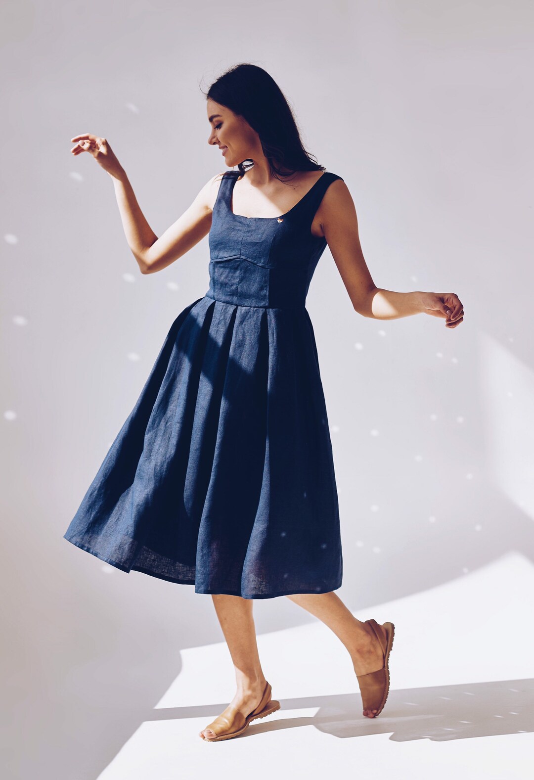 FIONA Blueberry Linen Sundress – Royal Dark Blue 50s Corset Midi Dress ...
