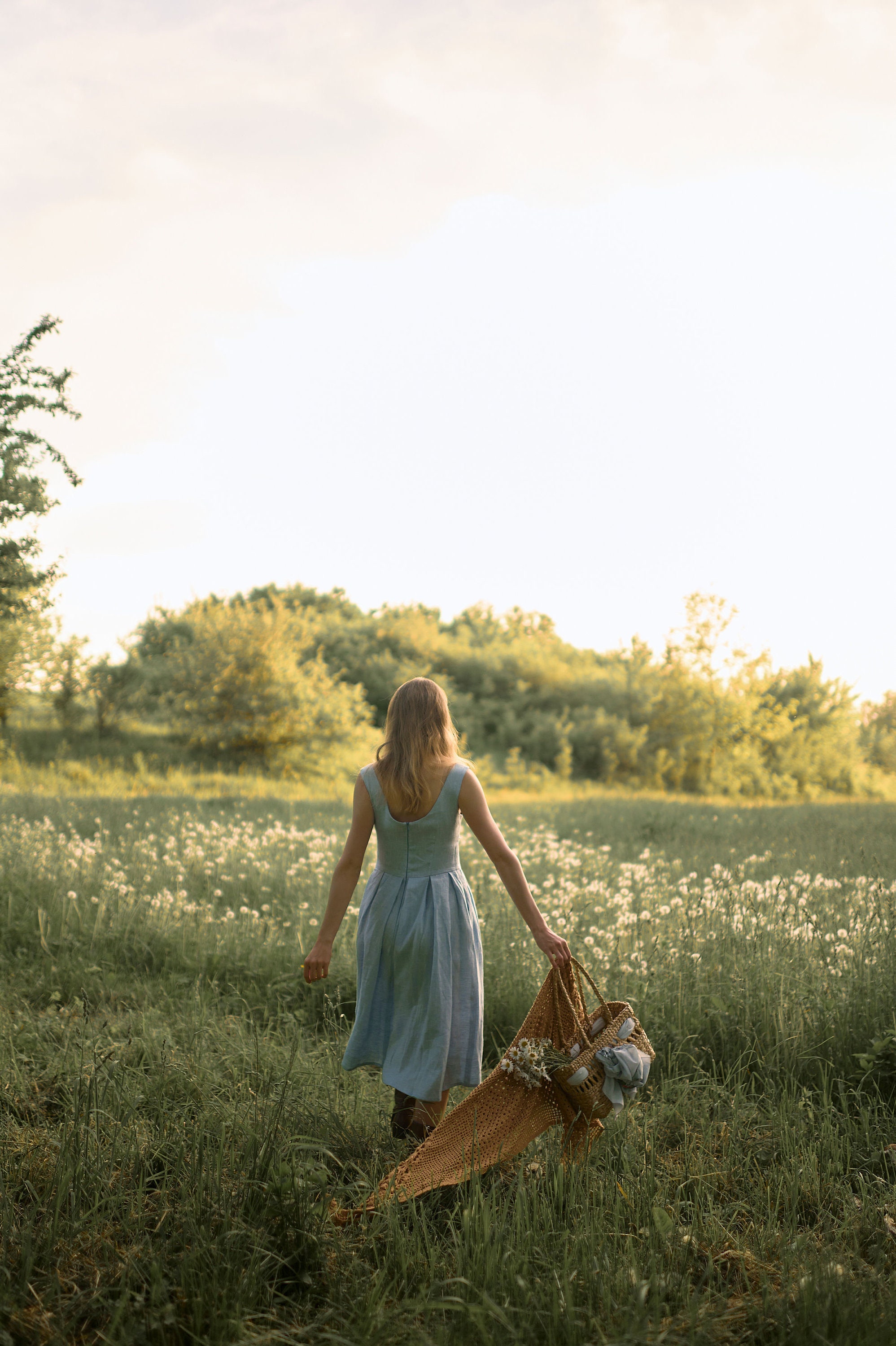 FIONA LIGHT BLUE Linen Sundress With Pockets, Elegant Sky Blue Women ...