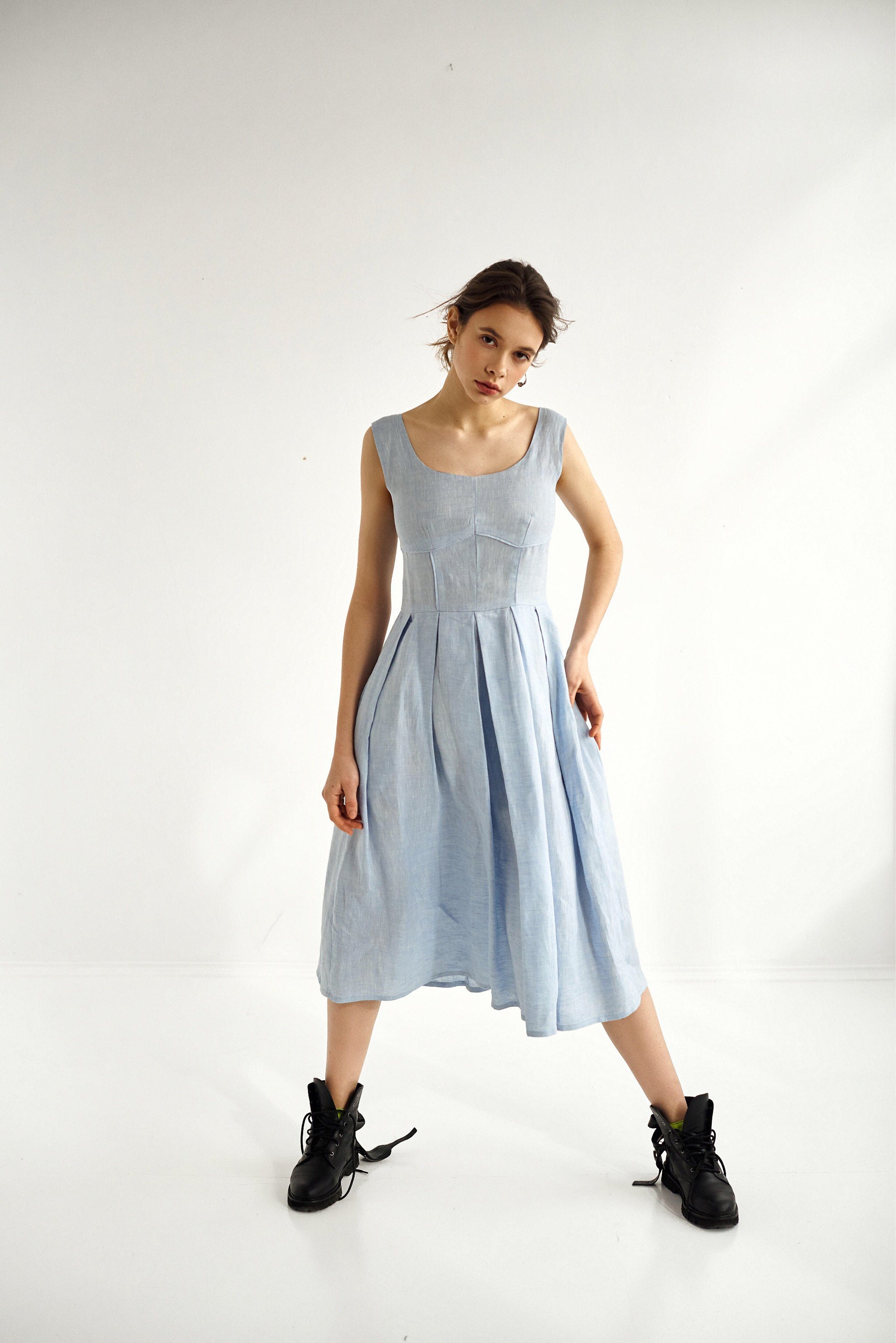 FIONA Light Blue Linen Sundress With Pockets – Elegant 50s Style Sky ...
