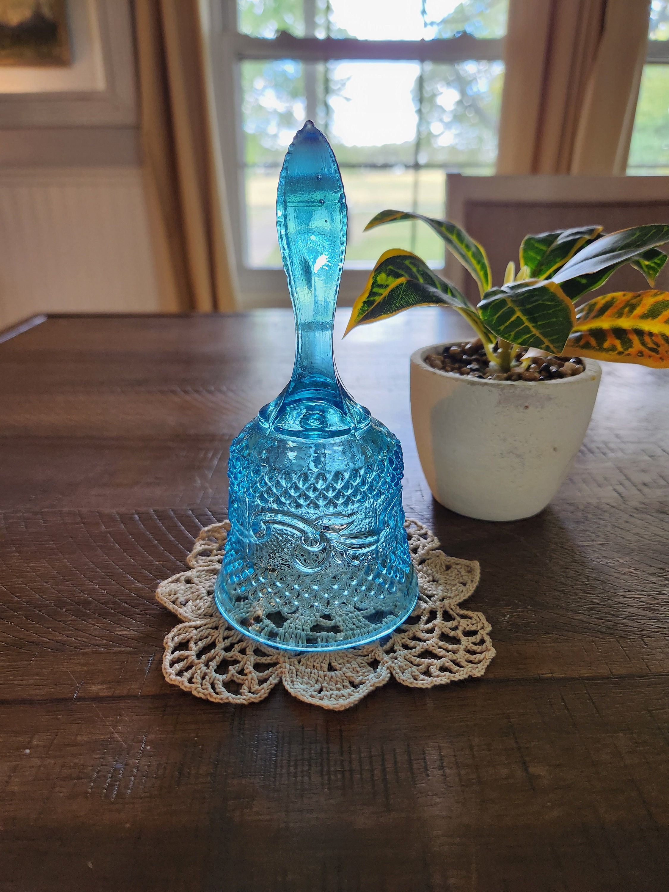 Fenton Blue Glass Bell, Diamond Point Scroll Design - Etsy