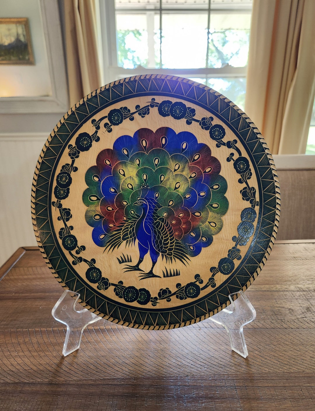 Hand Carved Peacock Plaque, Round Hand Painted Colorful Peacock Wall ...