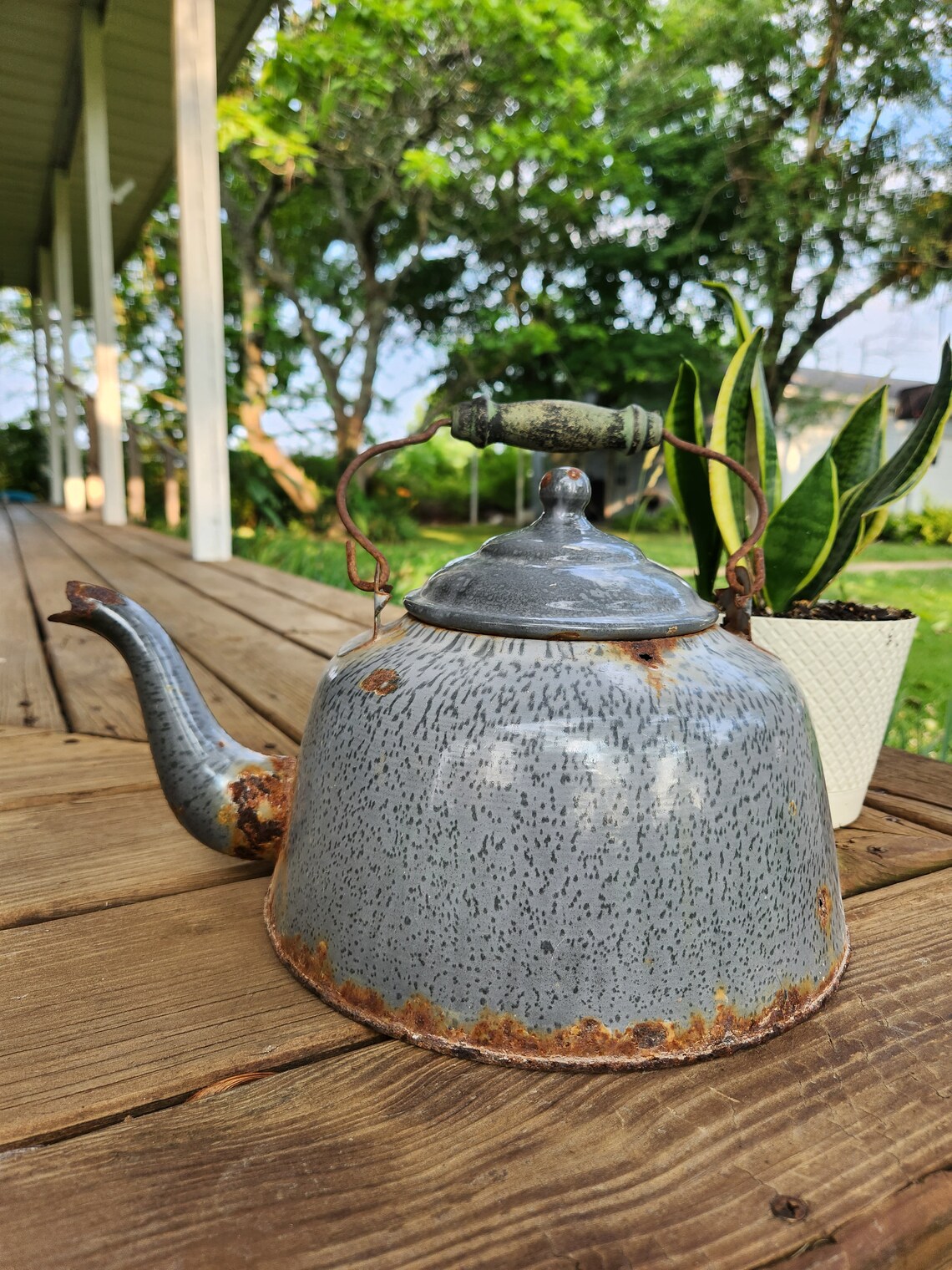 Vintage Enamelware Teapot, Old Fashioned Oversized Teapot, Gray ...