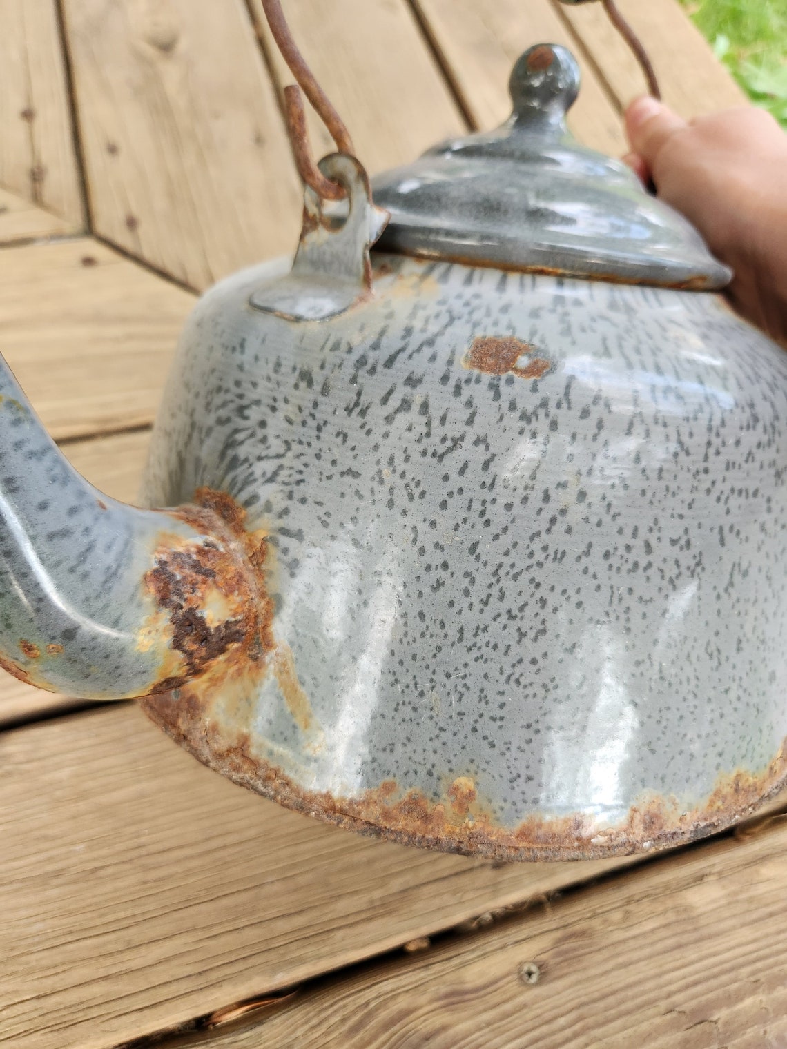 Vintage Enamelware Teapot, Old Fashioned Oversized Teapot, Gray ...