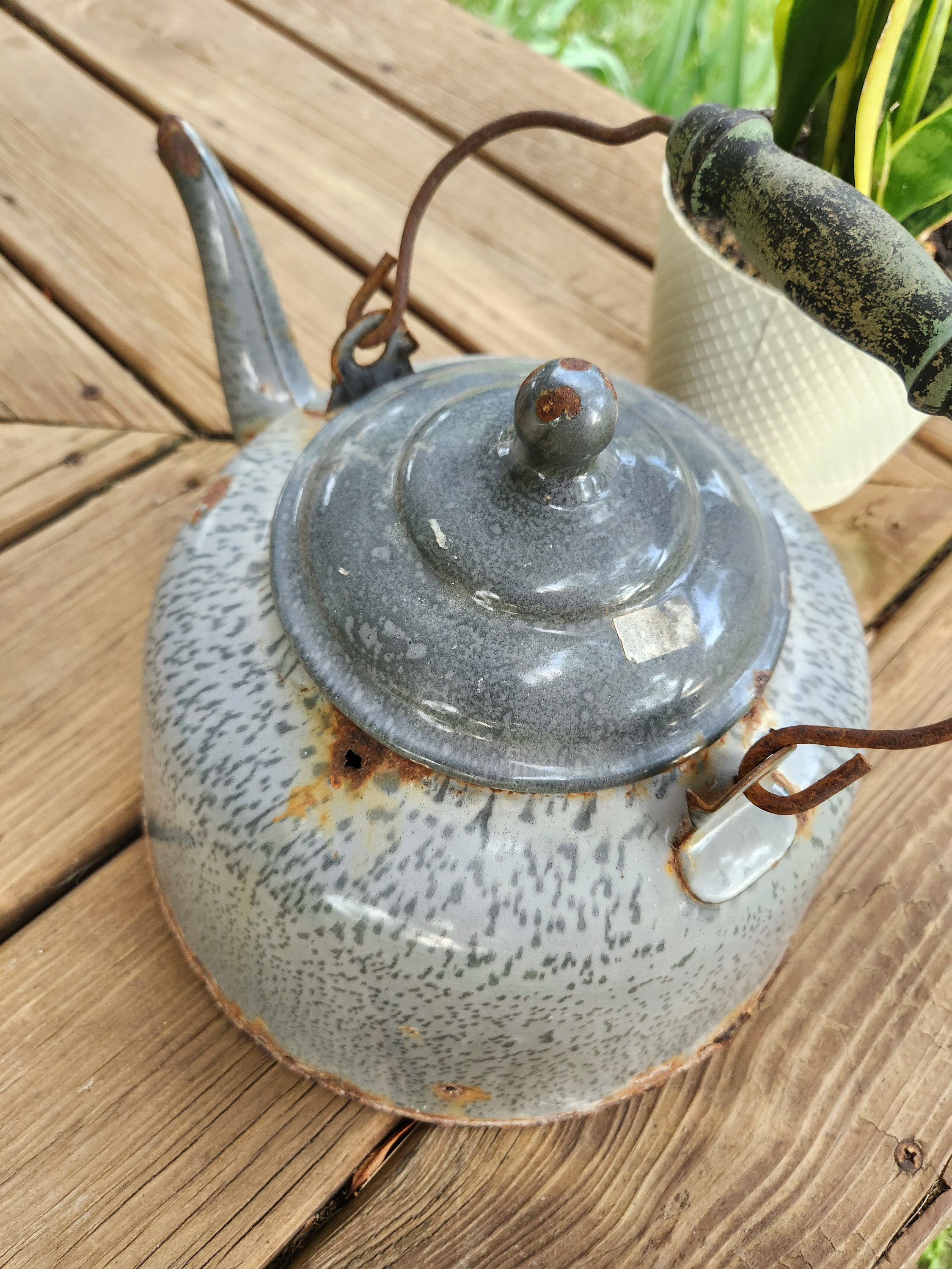 Vintage Enamelware Teapot, Old Fashioned Oversized Teapot, Gray ...
