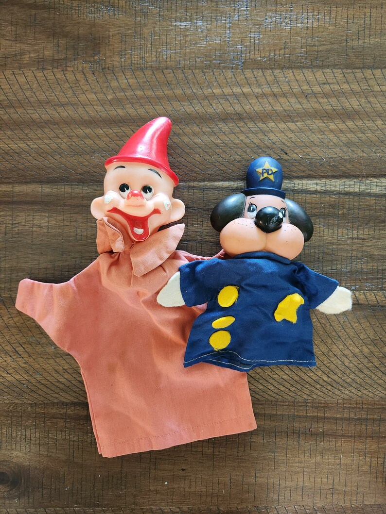 Vintage Hand Puppets, Dopey and Police Dog Puppets, Bath Toy Hand ...
